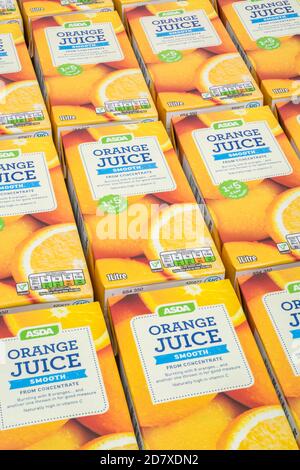 ASDA orange juice cartons & labelling: showing sugar / carbohydrate ...