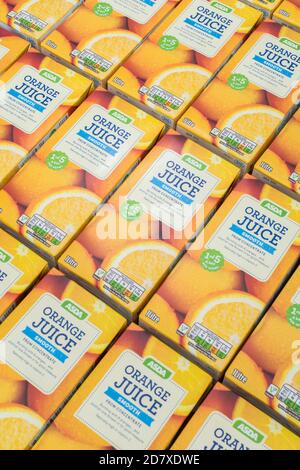 ASDA orange juice cartons & labelling: showing sugar / carbohydrate ...
