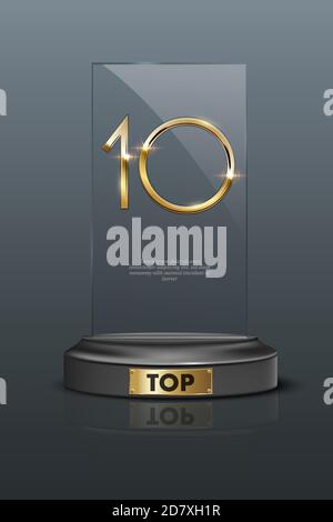 Top 10 award trophy. Glass prize with gold number 10. Champion glory in ...