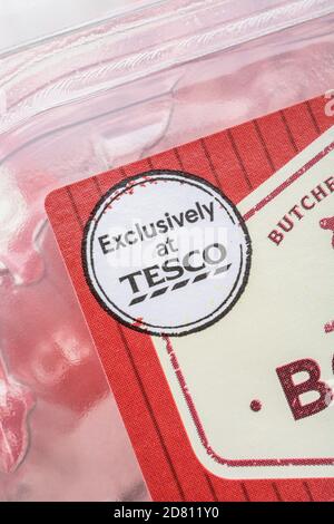 Close up plastic wrapped Tesco sausages with freezing instructions ...