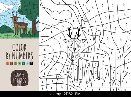 Vector forest color by number activity with raven looking in the map ...