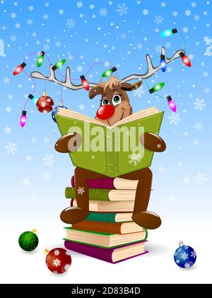 cute reindeer reading book character vector illustration design Stock ...