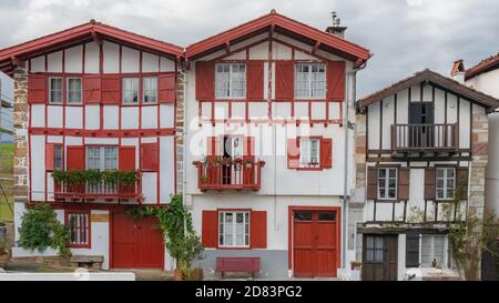 Typical houses in the village of Ainhoa in the Basque country Stock ...