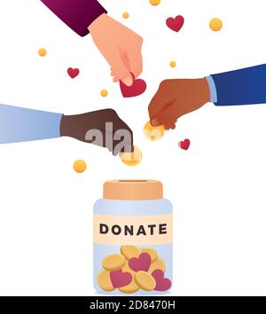 People throw gold coins into a box for donations. Coins in hand ...