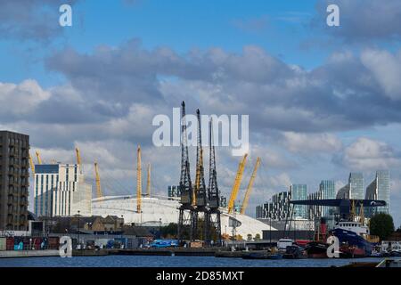 The O2 building shot from Canary Wharfe,, Docklands, East end of London ...