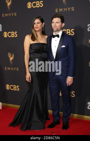 Naomi Scott (L) and actor Adam Scott at the 69th Annual Emmy Awards held at the Microsoft ...