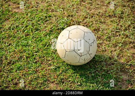 Close up of lather soccer ball on soccer field Stock Photo - Alamy