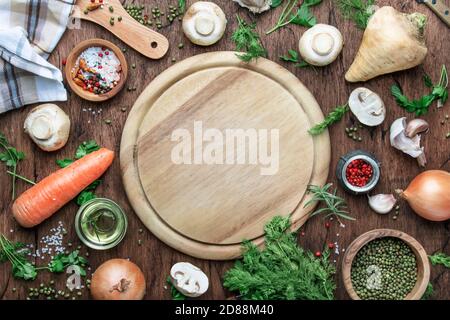 Ingredients for cooking green lentils with mushrooms and vegetables ...