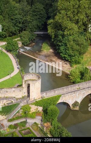 View over the valley of the river Alzette to the old town of Luxembourg ...