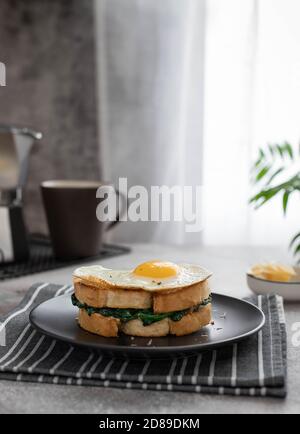 Plate with geyser coffee maker, delicious cookies and cup of espresso ...