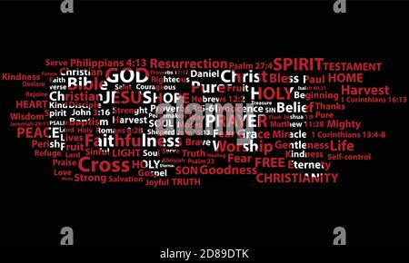 Word Jesus in white written with Christian words on black background ...