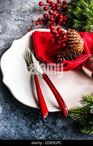 Rustic table setting for festive Christmas dinner with vintage decor on ...