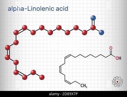 Alpha-linolenic acid (ALA) molecule. Essential polyunsaturated omega-3 ...