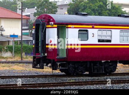 Side view vintage bogie train on rail in countryside Stock Photo - Alamy