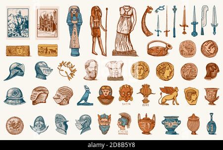 Antique elements. Knightly weapons and armor. Egyptian vases, mummy and ...