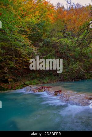 Autumn forest and turquoise lakes. Navarra, Spain Stock Photo - Alamy