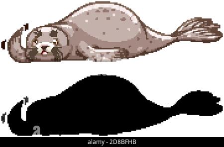 Set of seal characters and its silhouette on white background ...