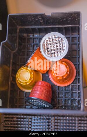 Used Capsule Pods in Coffee Machine Tray Recycling Stock Photo - Alamy