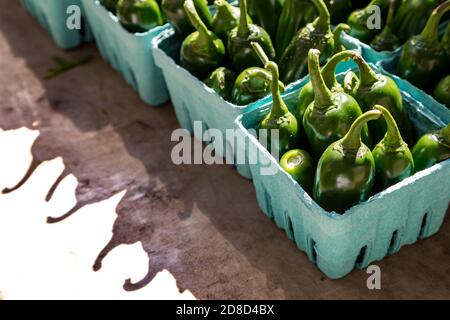 Punnets of green chilli peppers for sale on a farmers market stall ...