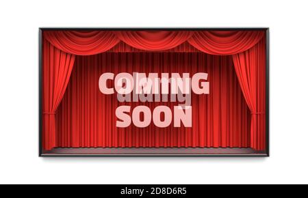 Coming Soon poster with red stage curtains 3D illustration Stock Photo ...