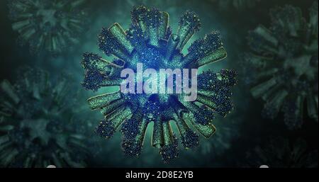 A 3d rendering of antibody molecules, medical syringe and vials ...