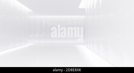 Abstract shiny interior with ceiling lights and broken shaped columns ...
