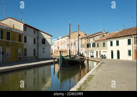 Comacchio (Fe),an old typical fishing boat of the Adriatic Sea in a ...