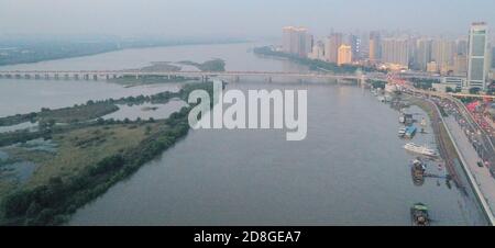 Aerial view of the river banks submerged by rising water of Songhua ...