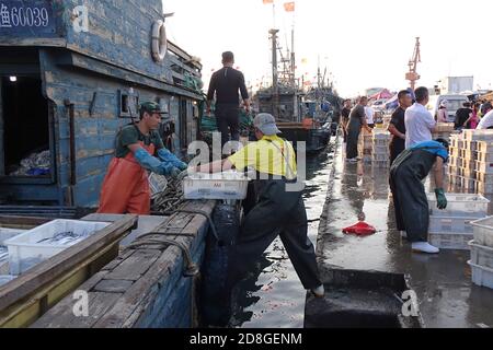 Citizens flock to the fish market located on the port, where fishermen ...