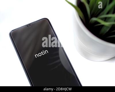 Lod, Israel - July 8, 2020: notin app launch screen with logo on the ...