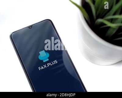 Lod, Israel - July 8, 2020: Fax Plus app launch screen with logo on the ...