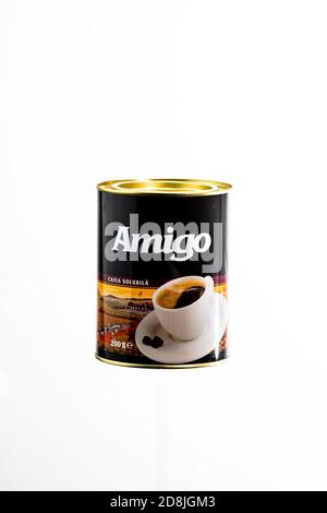 Famous Romanian instant coffee brand Amigo in a metal can. Coffee photo ...