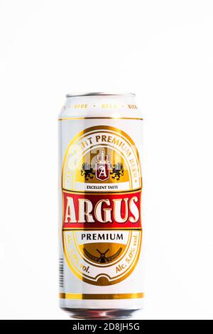 Argus Premium Lager beer. Lild supermarket own brand beer. Studio photo ...