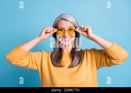 Photo of charming cheerful lady beaming smile indicate fingers empty ...