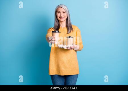 Photo of charming aged lady hold use smart phone telephone wear shirt ...