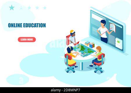 Vector of a group of kids watching online teacher class on computer ...