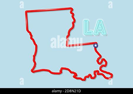 Louisiana US state soft blue neon letters lights off. Glossy bold red ...