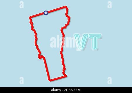 Vermont US state soft blue neon letters lights off. Glossy bold red ...