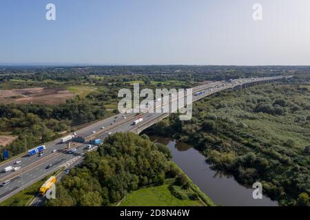 An aerial view of the M6 Motorway Thelwall Viaduct, over the Manchester ...