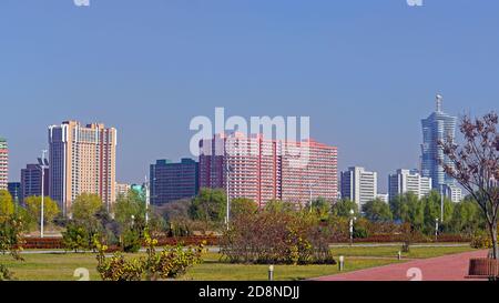 Pyongyang, new modern buildings in the centre of Pyongyang colourfully ...