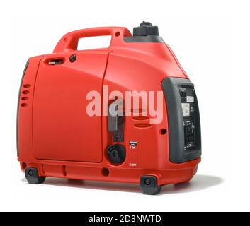 Red and black portable electric gas generator isolated on white for ...