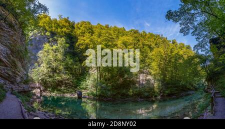 A panorama picture of the Vintgar Gorge, the Radovna Valley river and ...