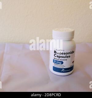 A bottle of budesonide capsules;a synthetic topical anti-inflammatory ...