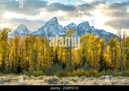 Autumn landscape with Grand Teton Range mountain range, reflected in ...