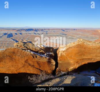 Muley Point panoramic overlook with red sandstone in foreground, early ...