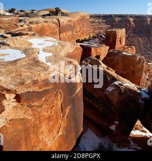 Muley Point panoramic overlook with red sandstone in foreground, early ...