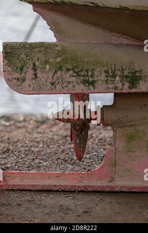 the rudder and keel of a rusty old boat, rudder mechanism of a ship or ...