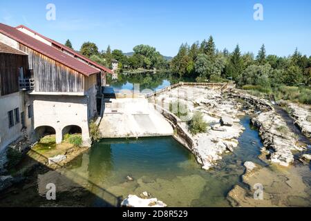 Impressive rock formation in the Ain river at Pont de Poitte village ...