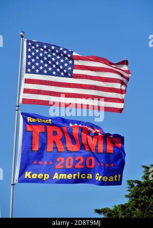 2020 relect Trump flags fly over motor home in Bodega Bay Marina ...