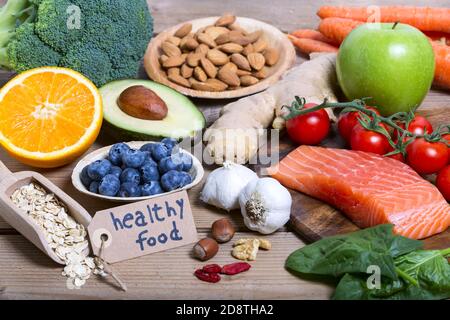 Healthy food clean eating selection. fruit, vegetable, seeds, superfood ...